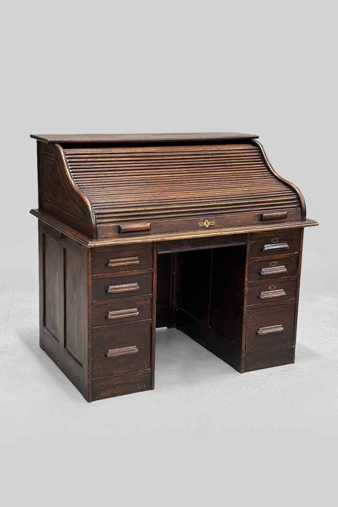 Oak Tambour Front Roll Top Desk with 8 Drawers – The Classic Prop Hire ...