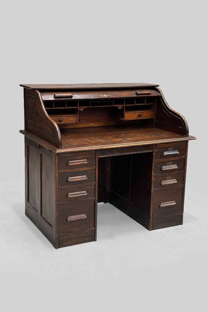 Oak Tambour Front Roll Top Desk with 8 Drawers – The Classic Prop Hire ...