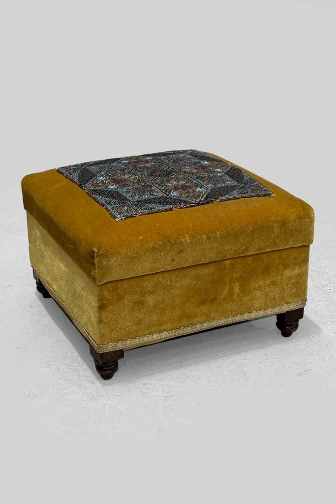 Yellow / Gold Velvet Upholstered Prayer Stool with Tapestry Hinged Seat ...