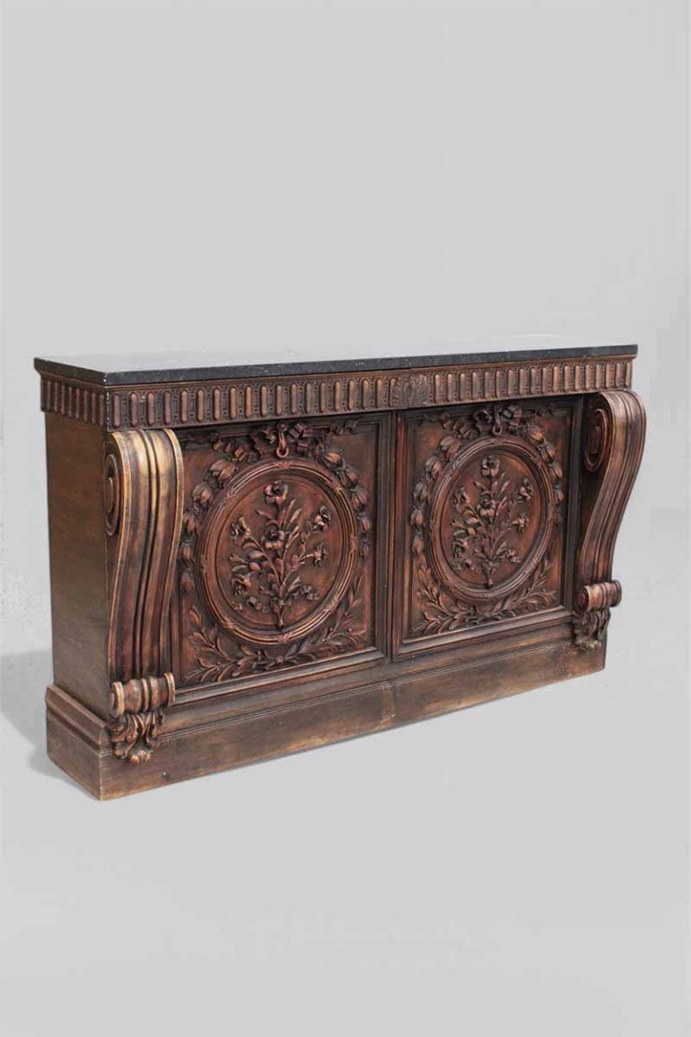 Heavily Carved Free Standing Bar with Black Granite Top & Brass Rail ...