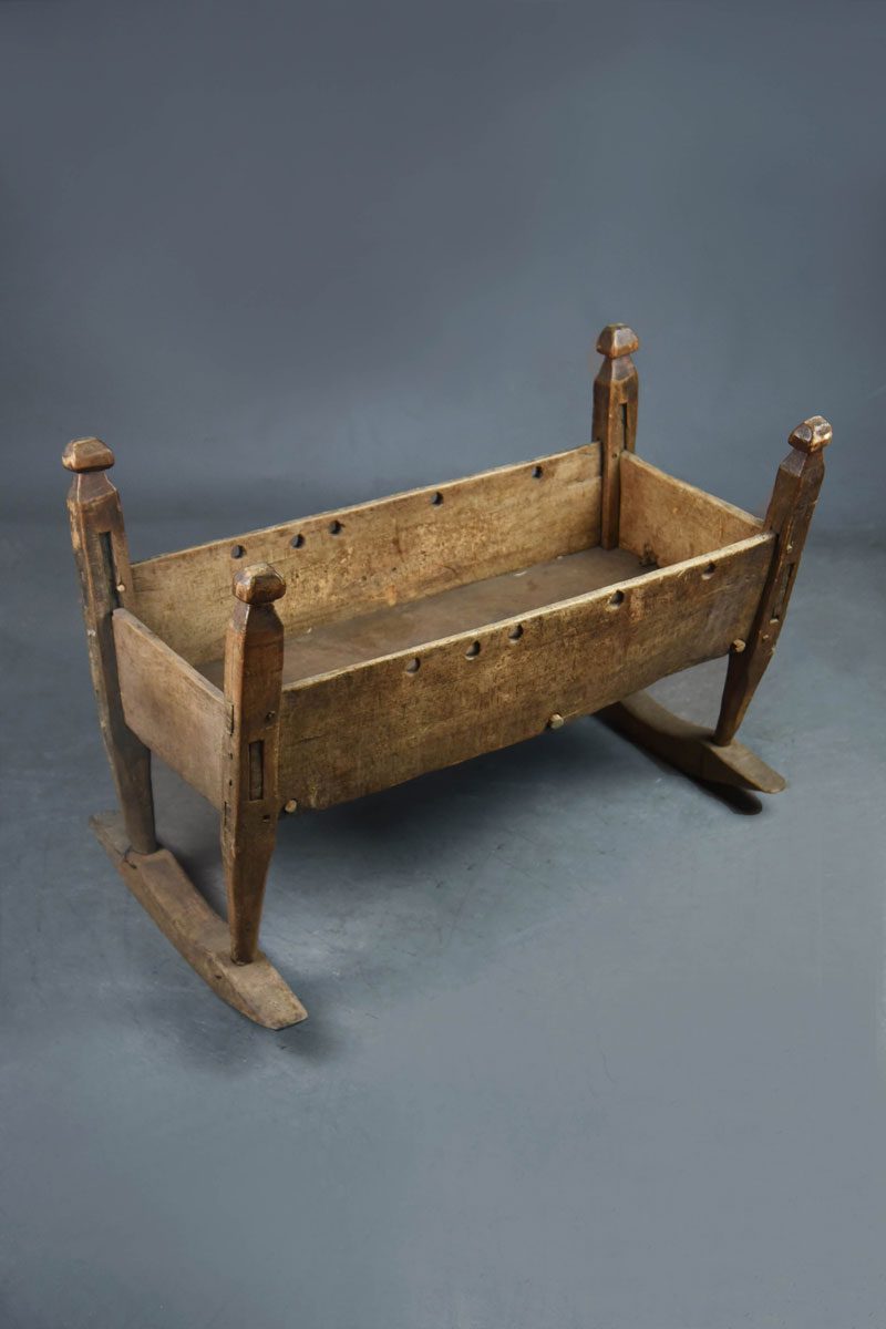 Primitive Oak Baby's Crib On Rocking Base - The Classic Prop Hire Company