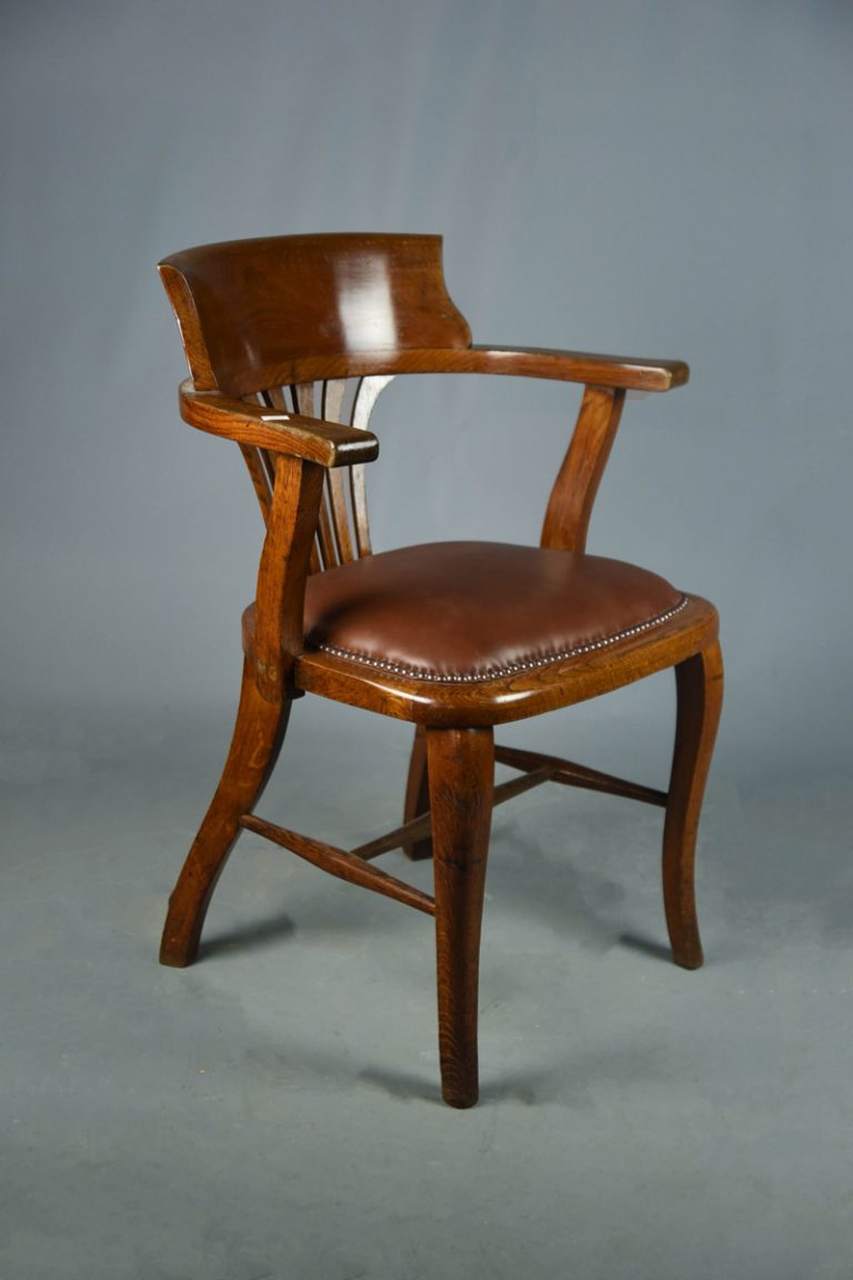 Oak Open Arm Desk Chair With Slatted Back & Studded Brown Leather Seat ...
