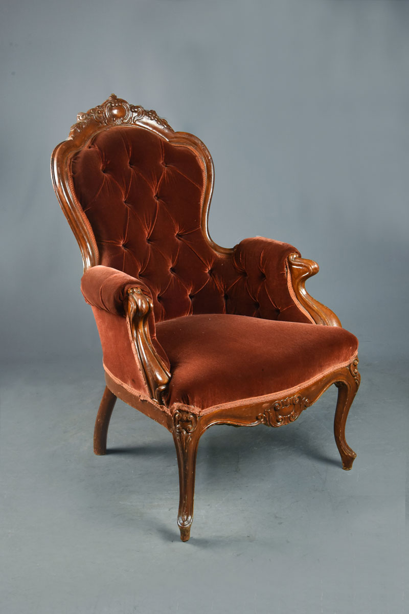 Rust Upholstered Button Back Grandfather Chair - The Classic Prop Hire ...