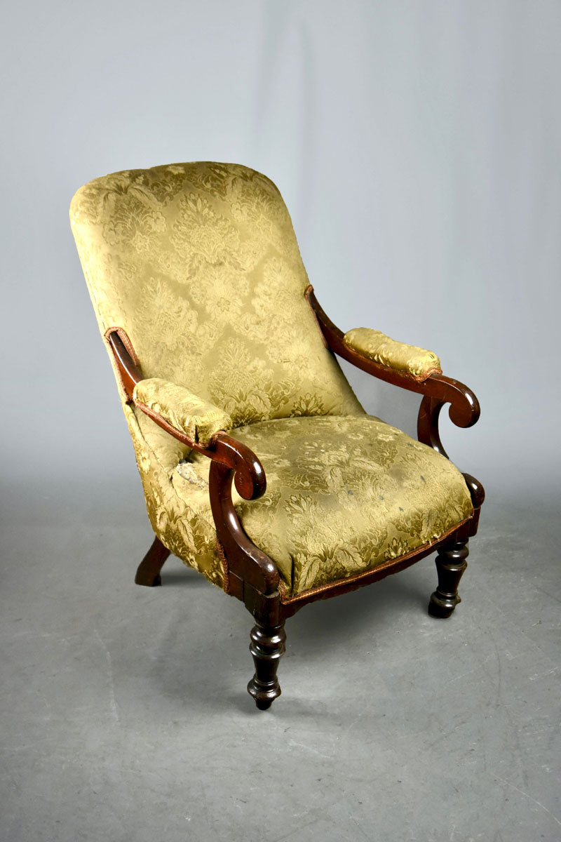 Victorian Open Armchair Green Floral Upholstery Turned Legs - The ...