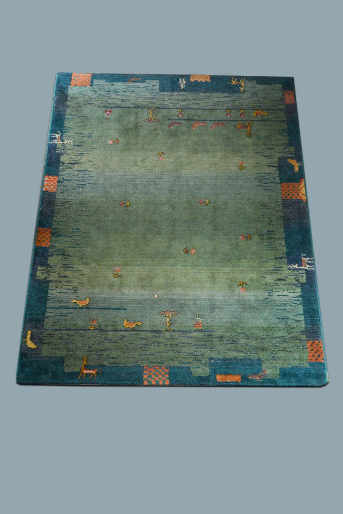 7'5" x 5'3" Persian Style Green Ground Rug With Blue Geometric Pattern ...