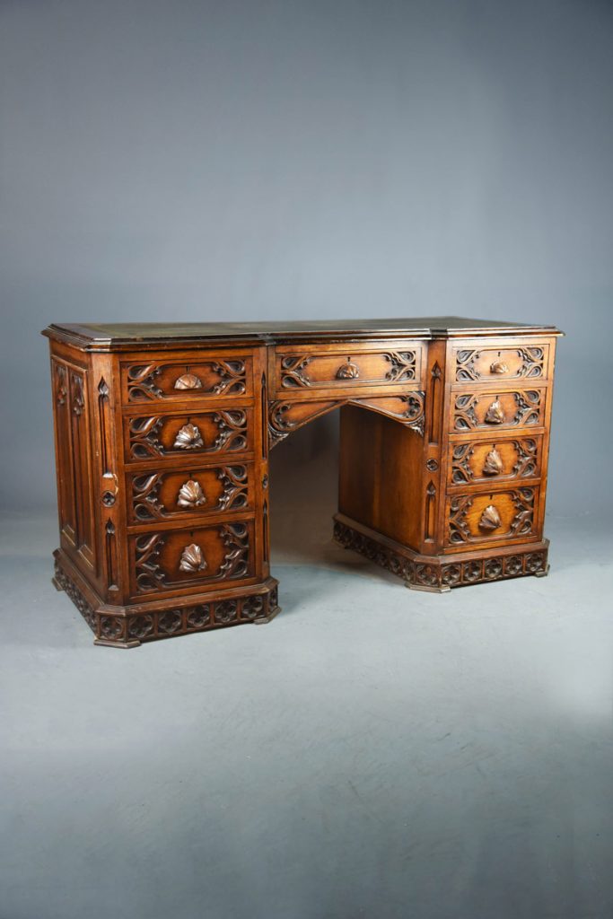 Victorian Gothic Pedestal Desk, with green Leather Top. - The Classic ...