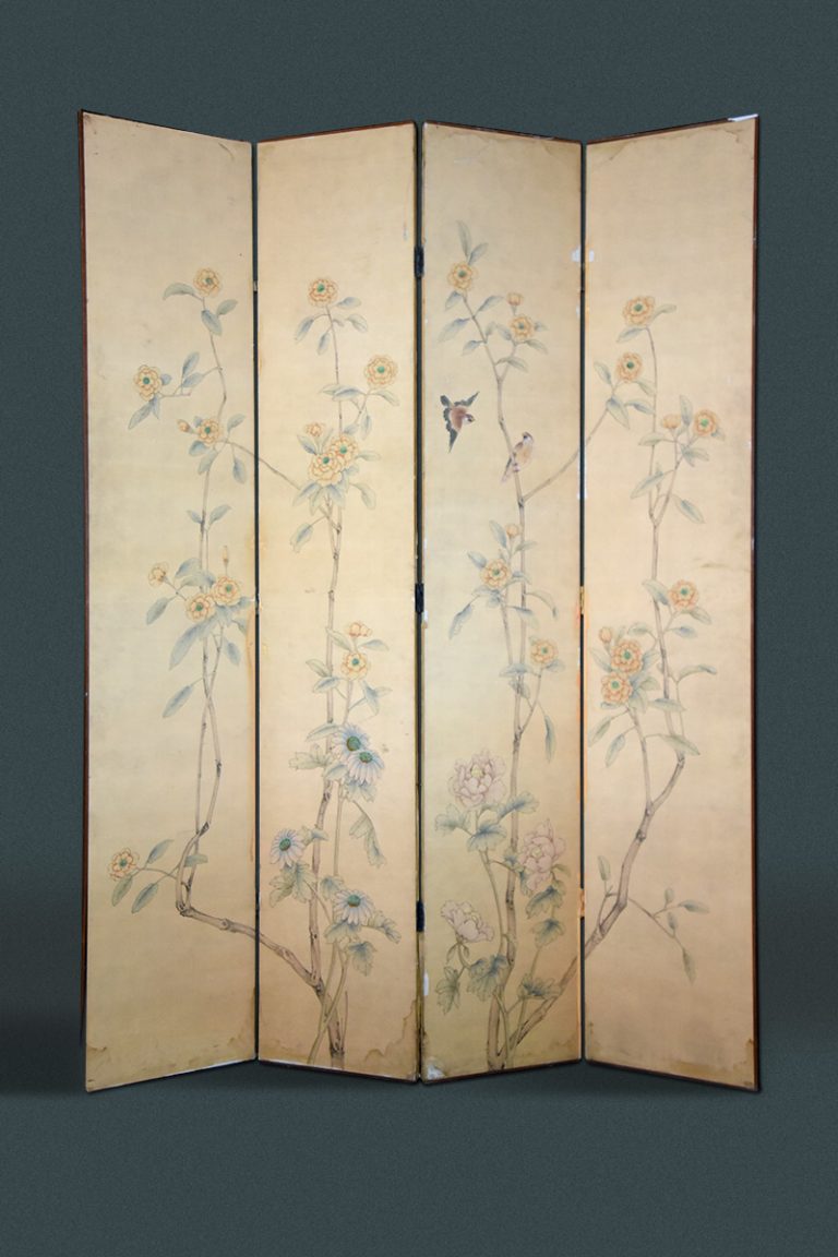 Four Fold Oriental Hand Painted Screen With Birds & Flowers - The ...