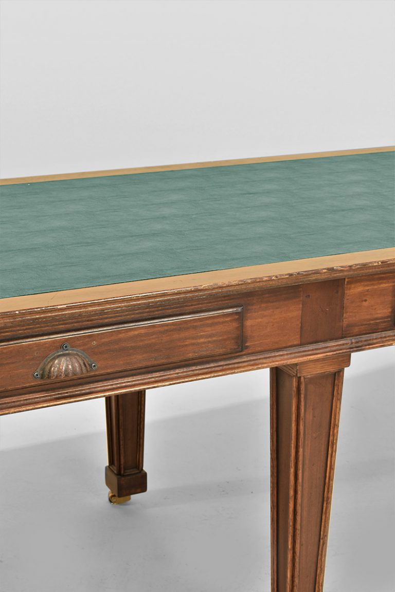 Long Oak Library Table with Green Leatherette Top & 8 Faux Drawers on ...