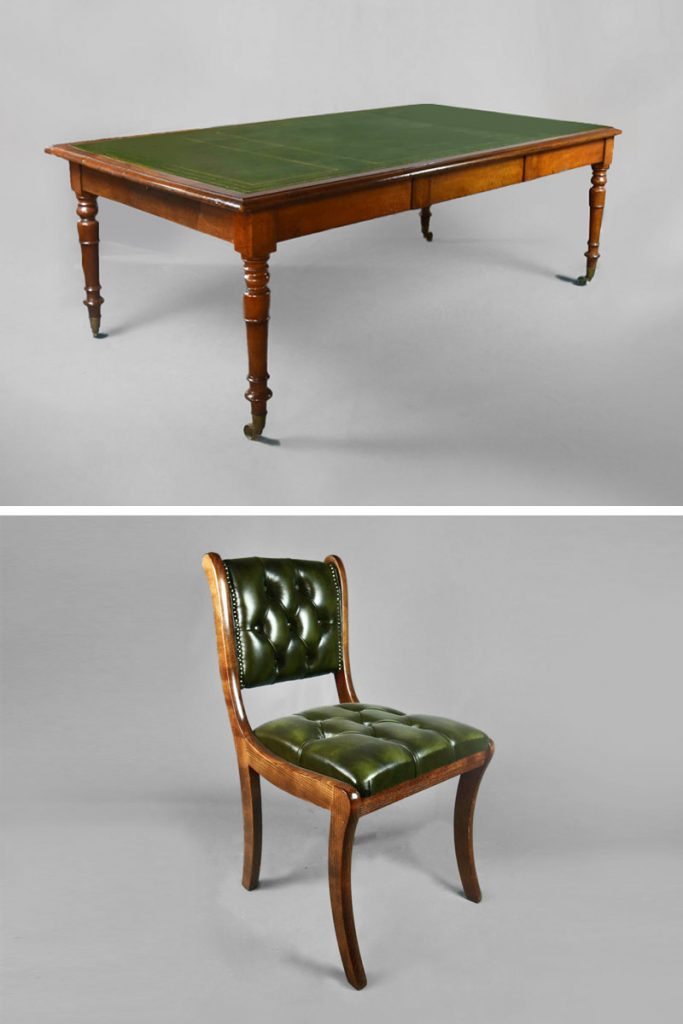 Oak Boardroom / Library Table With Green Leather Top & Turned Legs On ...